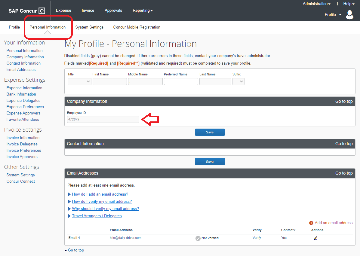 Concur Integration How Do I Find My Employee ID Driver MileIQ